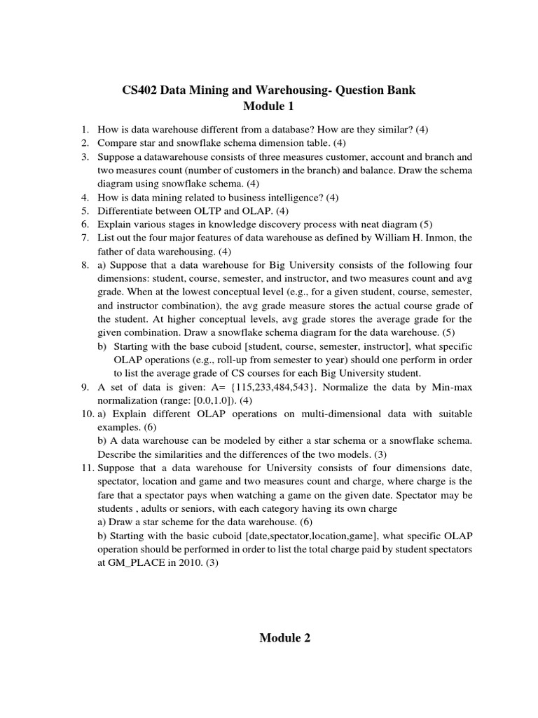 CS402 Data Mining and Warehousing Question Bank | PDF | Data Warehouse | Information Science