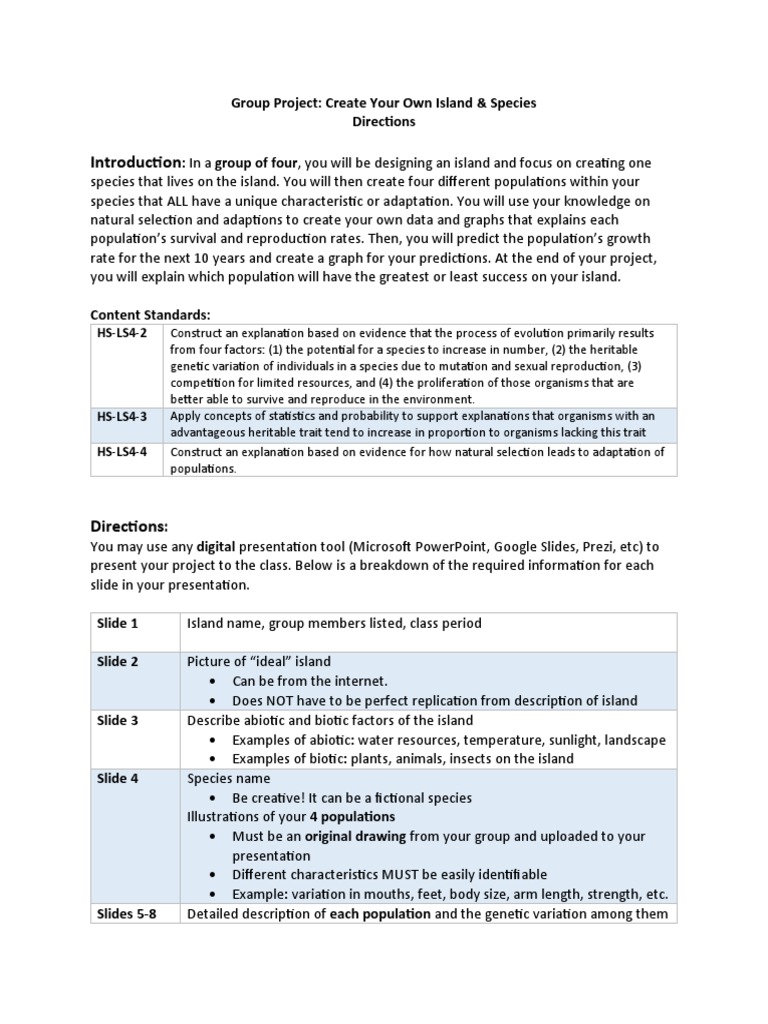 Group Project: Create Your Own Island & Species Directions: HS-LS4-2 ...