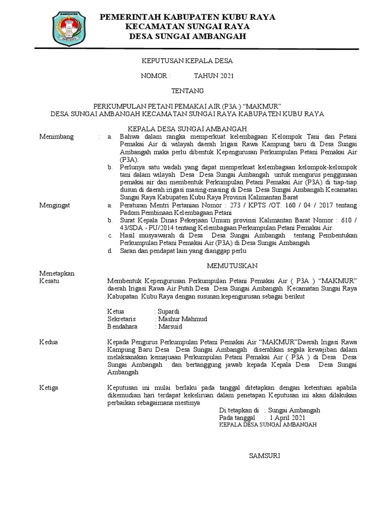 Contoh SK Dan Susunan Pengurus P3A | PDF