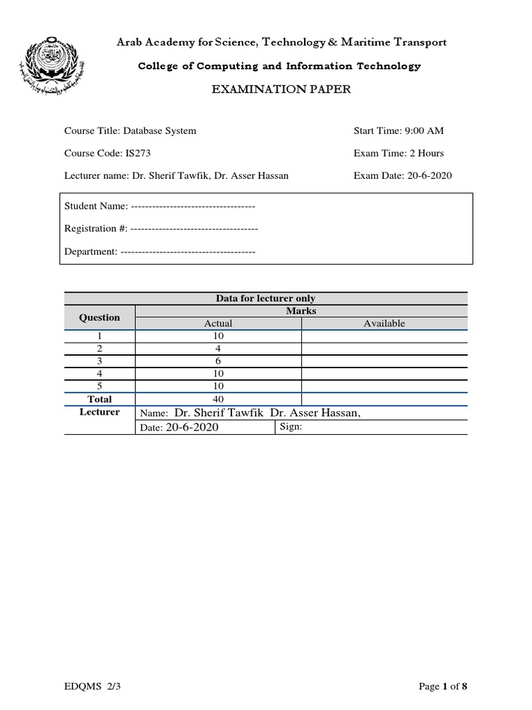 Final DB Systems Exam June 2020 | PDF | Databases | Computer Science