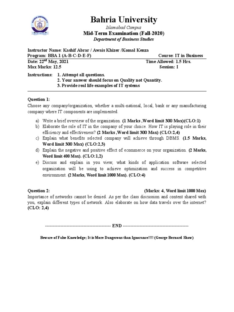 Bahria University Midterm ITB Paper Fall 2021 07052021 091547pm | PDF