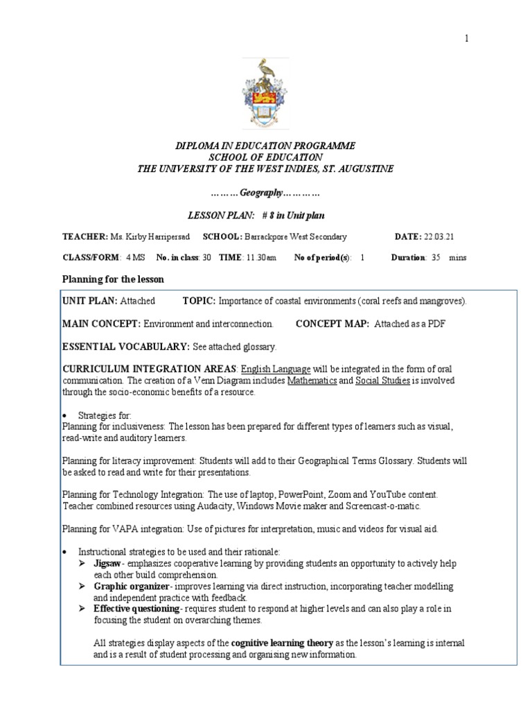 Kirby Harripersad 04715468 March Itp Lesson Plan | PDF | Coral Reef | Lesson Plan