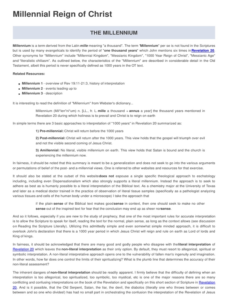 Millennial Reign of Christ | PDF | Millennialism | Premillennialism