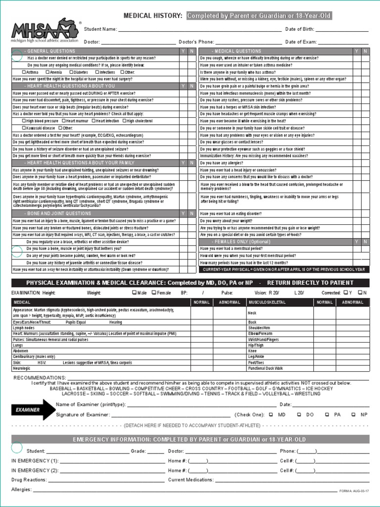 Mhsaa 2020-21 Physical Form | PDF