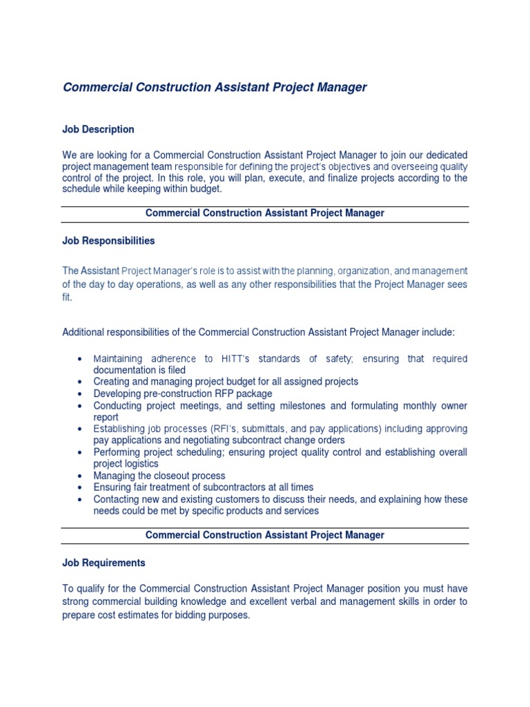 Commercial Construction Assistant Project Manager: Job Description ...