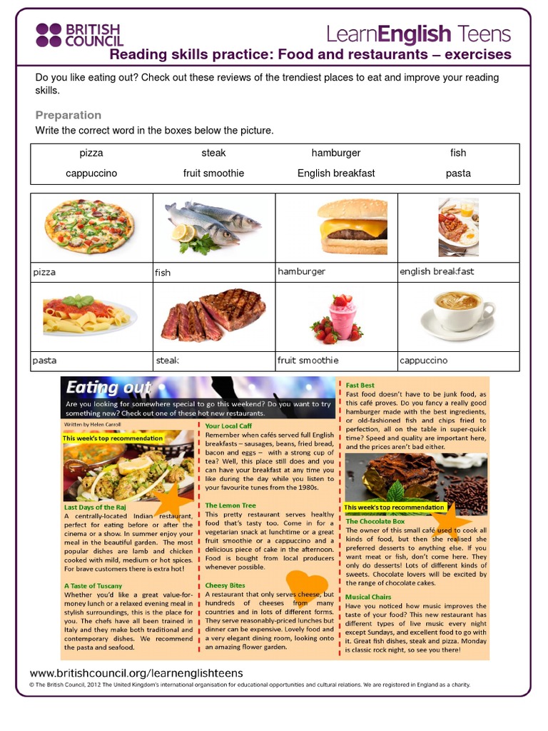 Reading Skills Practice: Food and Restaurants - Exercises: Preparation ...