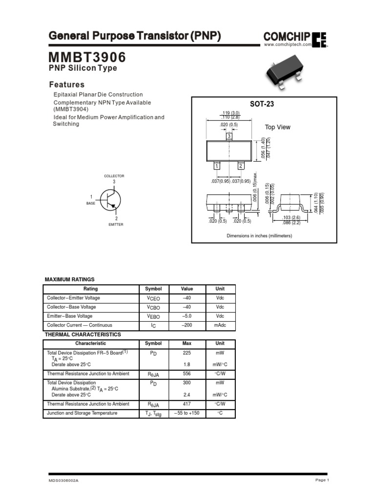 MMBT3906: General Purpose Transistor (PNP) Comchip | PDF | Bipolar ...
