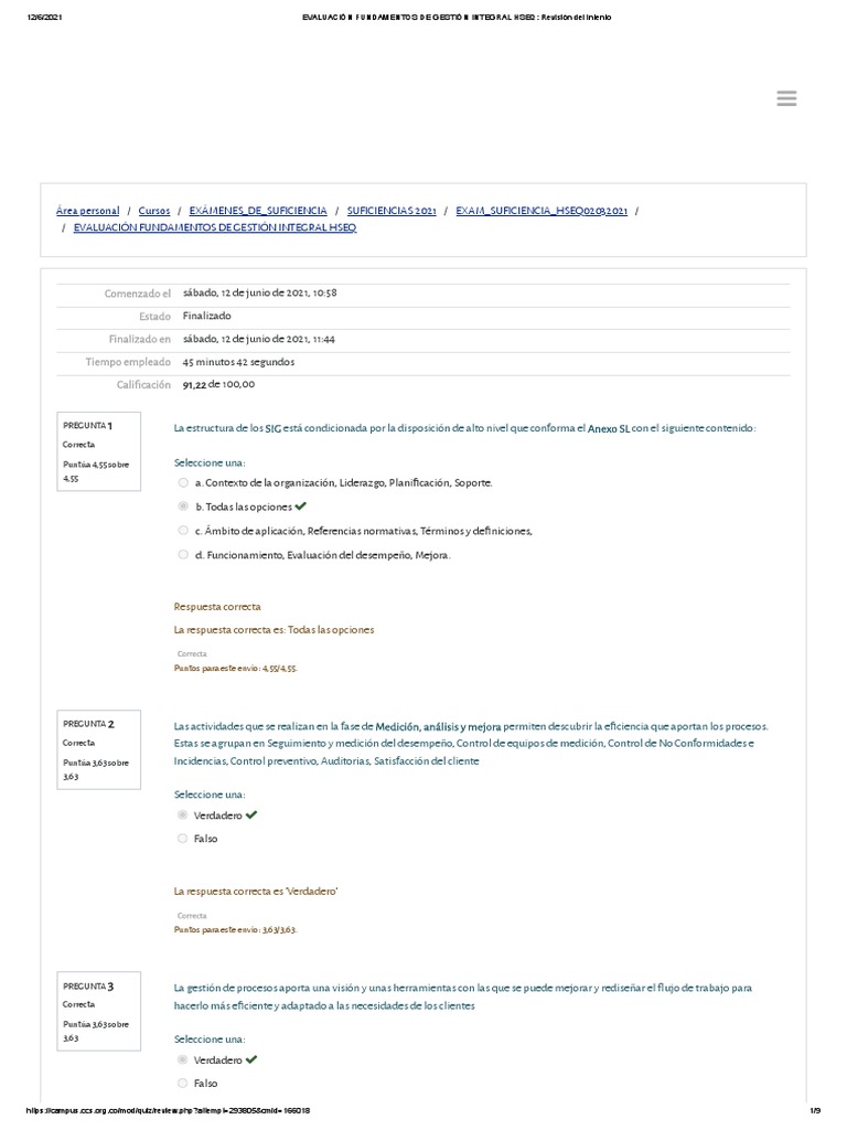 Evaluación Fundamentos De Gestión Integral Hseq Revisión Del Intento