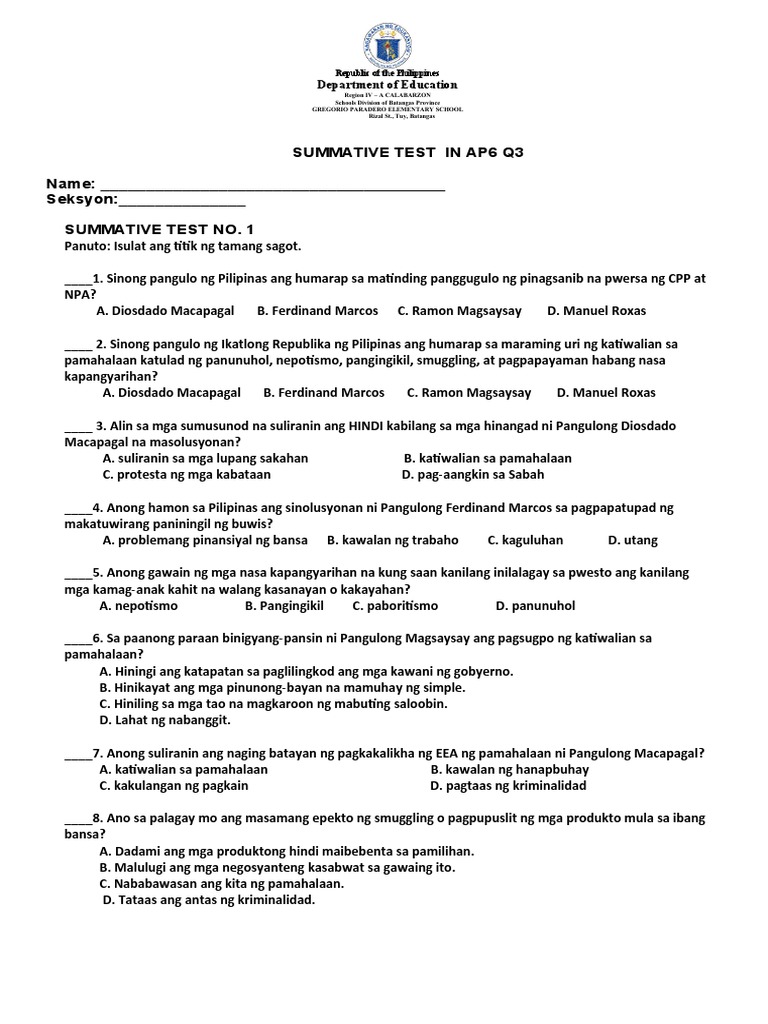 AP Summative Test q3 2020 21 Emlaygo | PDF