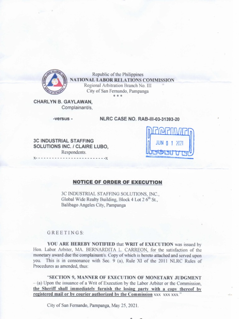 Notice of Order of Writ of Execution | PDF