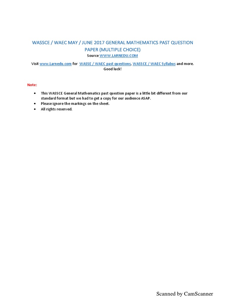 Wassce / Waec May / June 2017 General Mathematics Past Question Paper ...