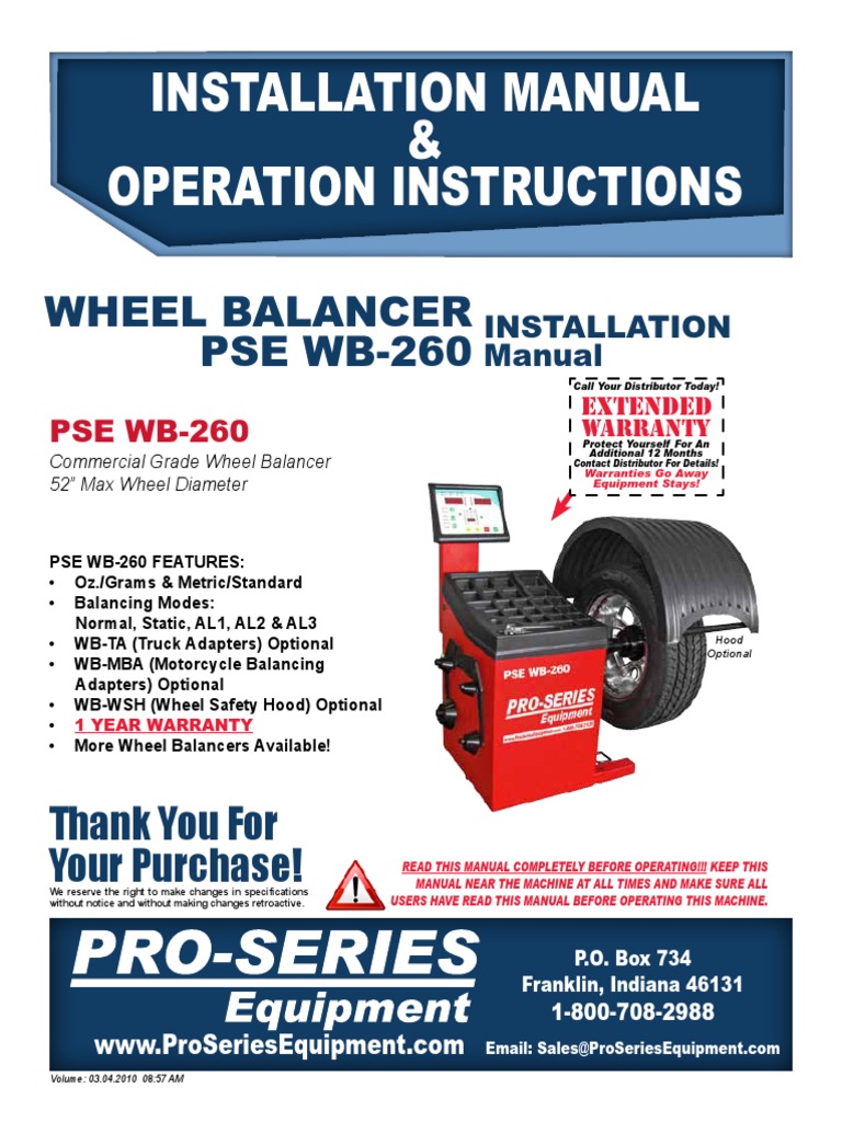 Install & Operate PSE WB-260 Commercial Wheel Balancer | PDF | Axle ...