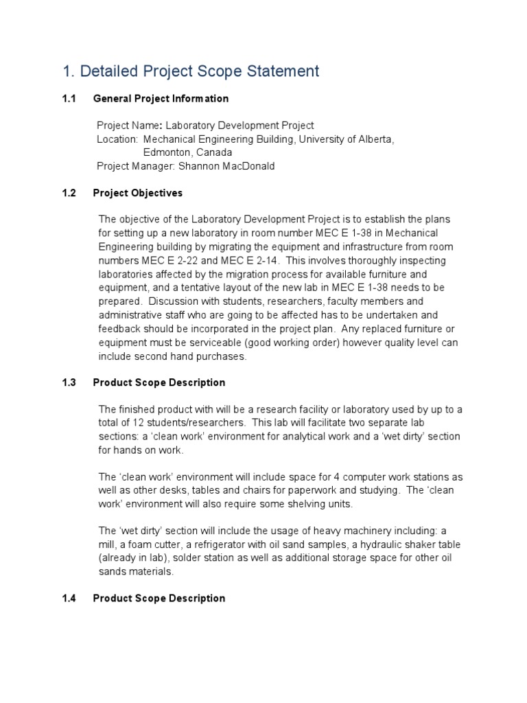 Detailed Project Scope Statement | Laboratories | Project Management Detailed Project Scope Statement | Laboratories | Project Management