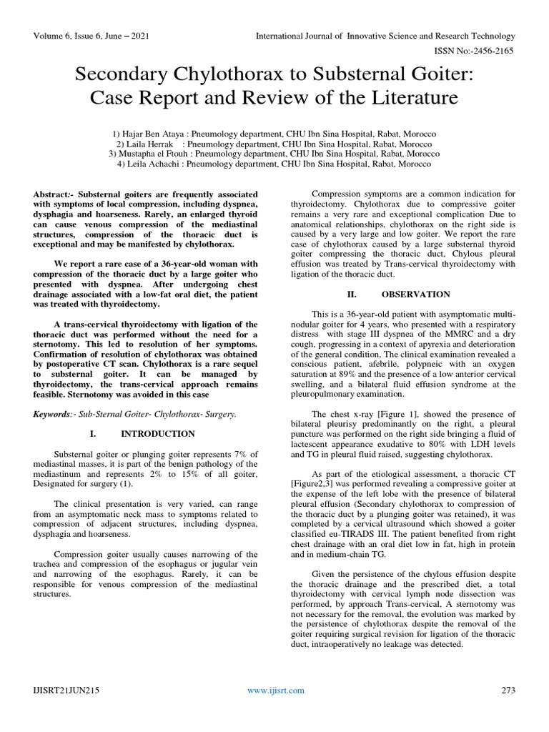 Secondary Chylothorax To Substernal Goiter Case Report and Review of ...