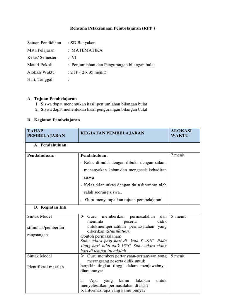 Rencana Pelaksanaan Pembelajaran (RPP) | PDF