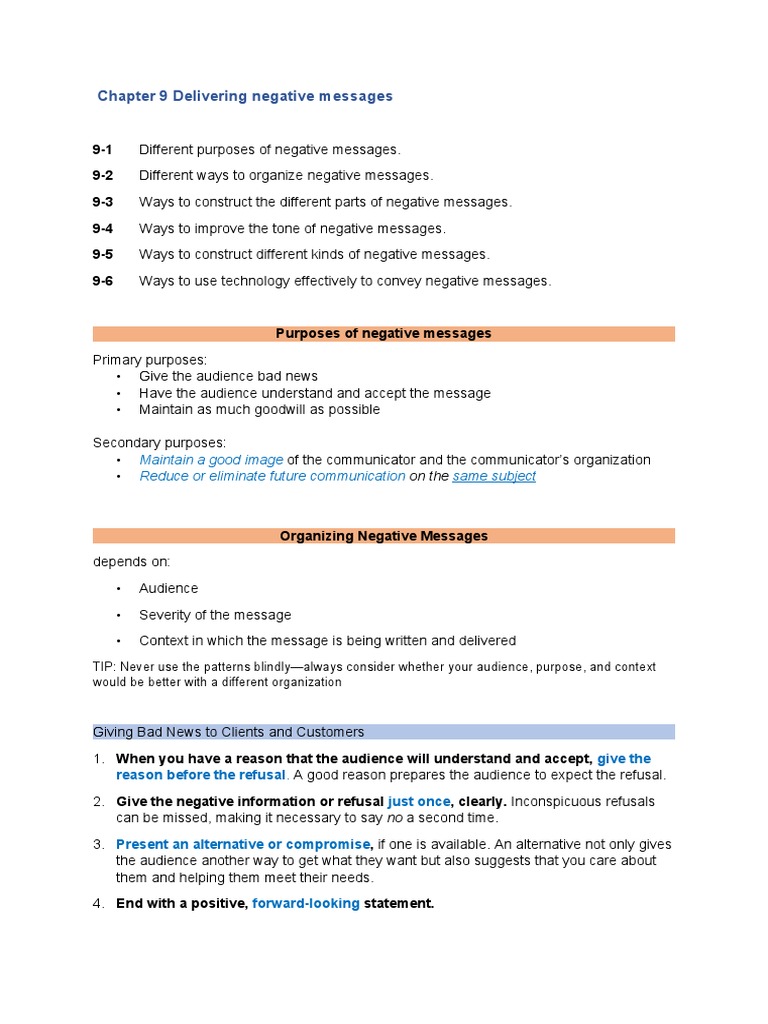 Chapter 9 Delivering Negative Messages | PDF | Layoff | Criticism