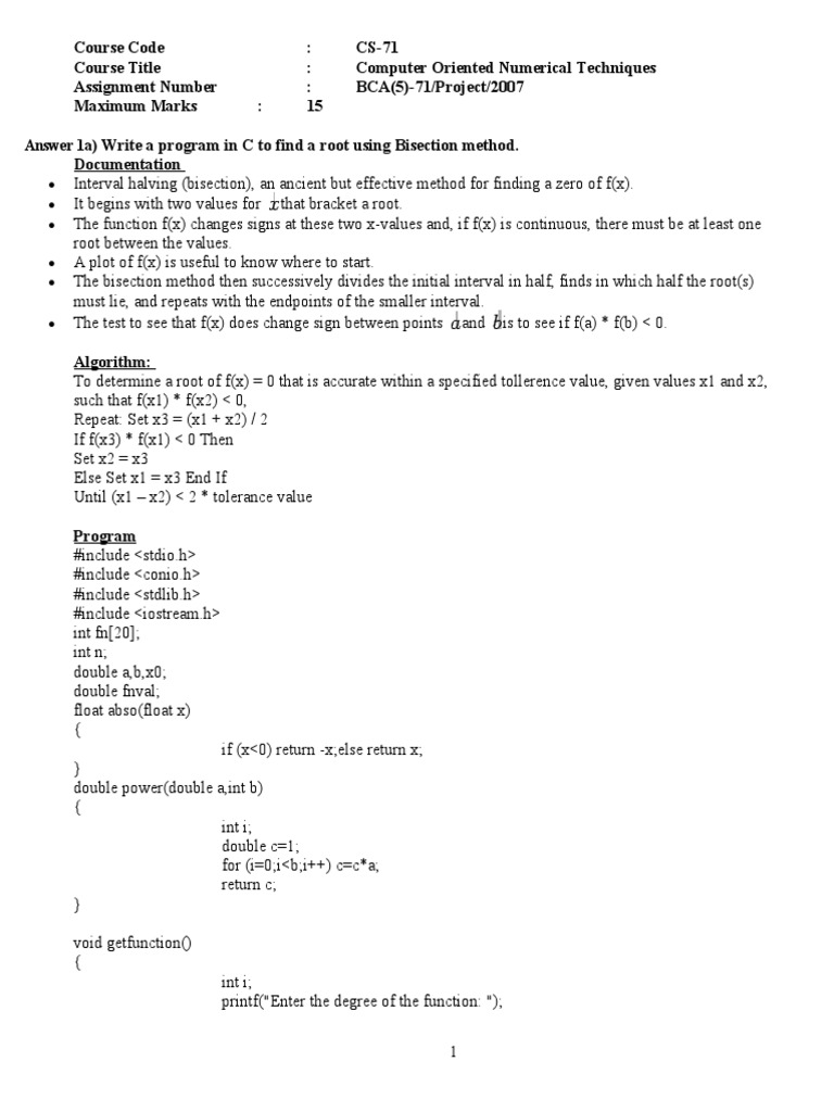 Program To Find Roots Of Equations Using Bisection And Newton Raphson Methods Pdf