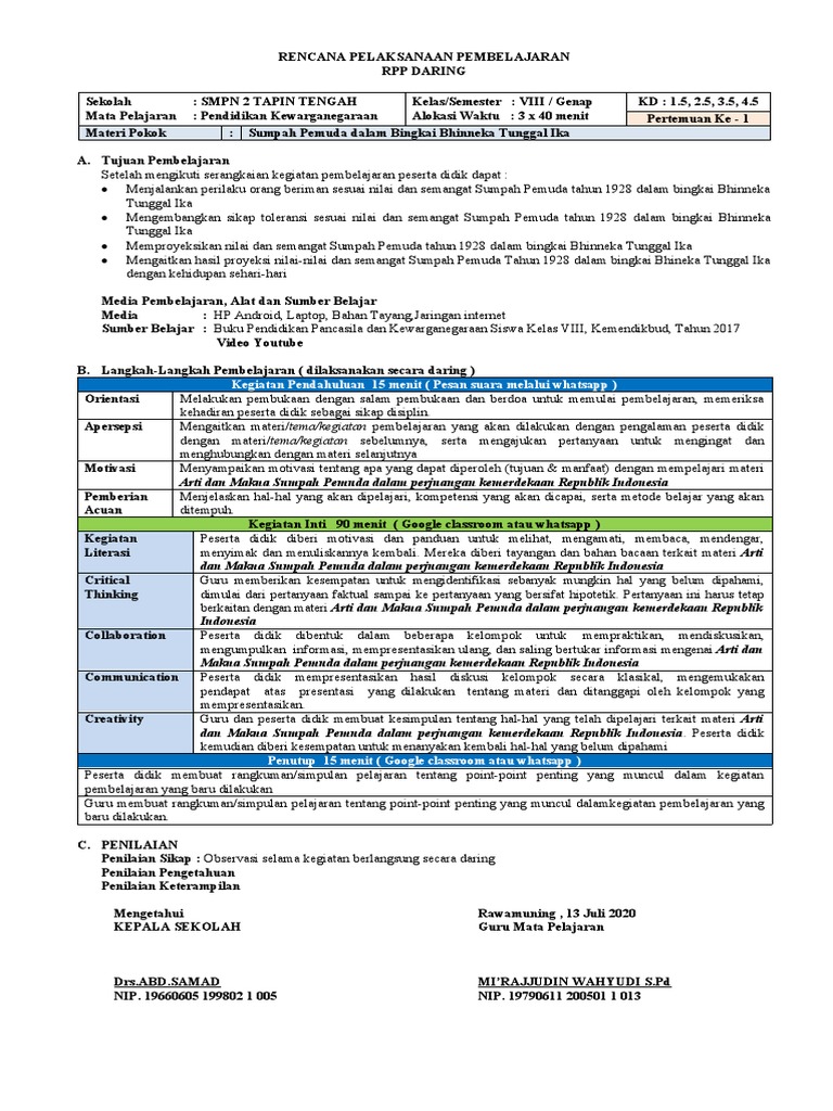 RPP 5 Sumpah Pemuda Dalam Bingkai Bhinneka Tunggal Ika | PDF