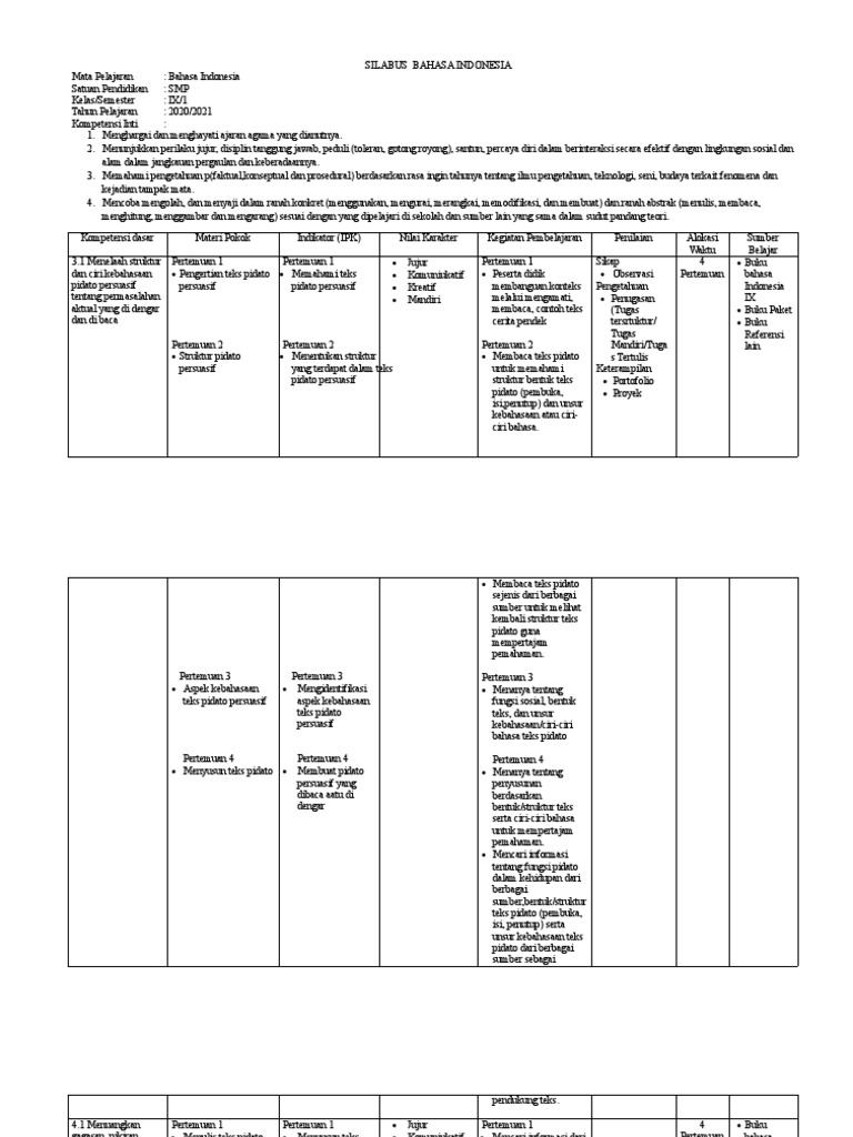 Silabus B. Indonesia Kelas 9 Semester 1 Dan 2 | PDF