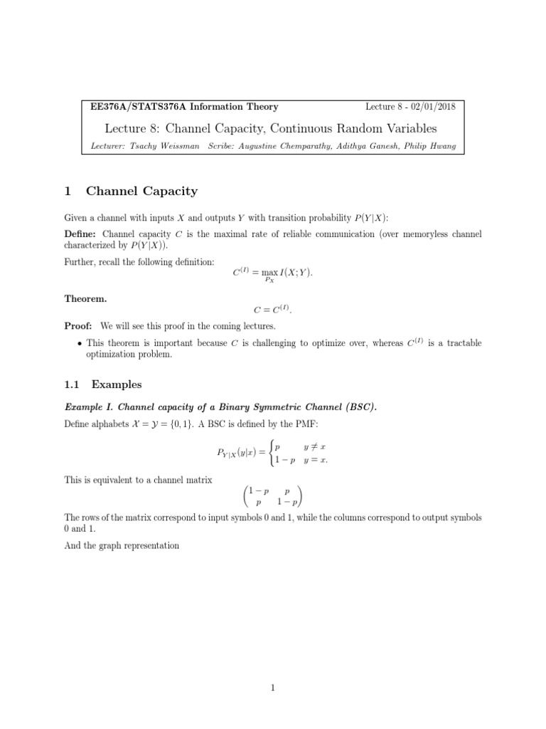 Lecture 8: Channel Capacity, Continuous Random Variables: 1.1 Examples | PDF | Applied ...
