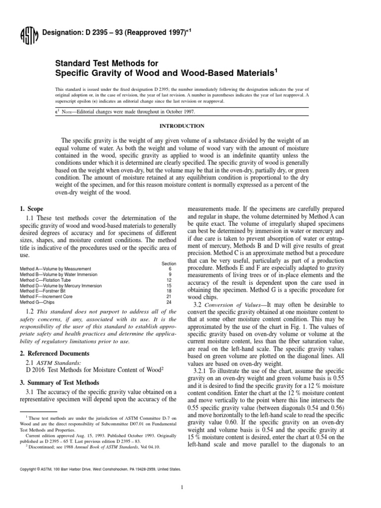 ASTM D2395-83 (1997) E1 Specific Gravity of Wood and Wood-Based Materials | PDF | Weight | Wood