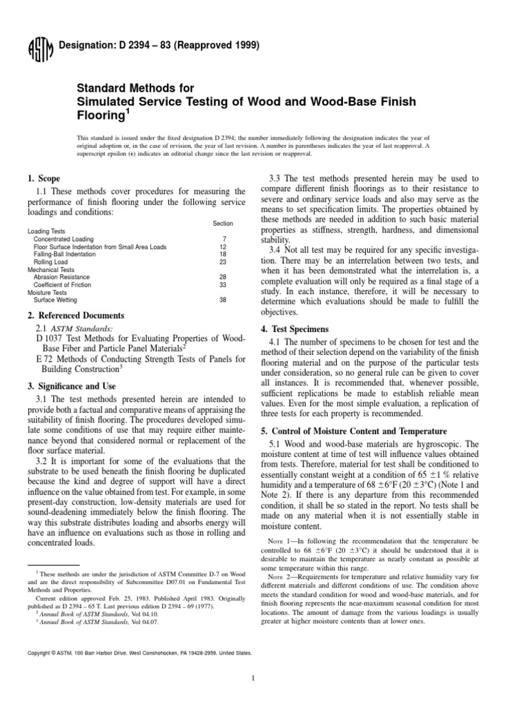 ASTM D2394-83 (1999) Simulated Service Testing of Wood and Wood-Base ...