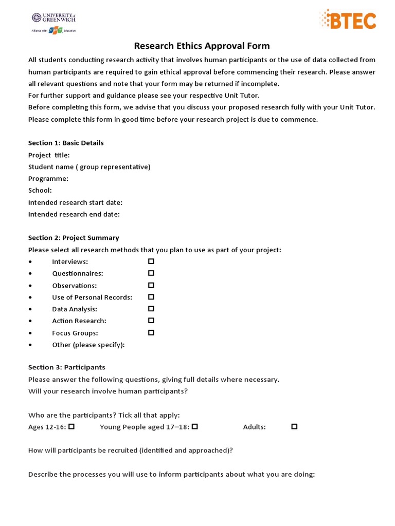 Research Ethics Approval Form: Section 1: Basic Details | PDF ...