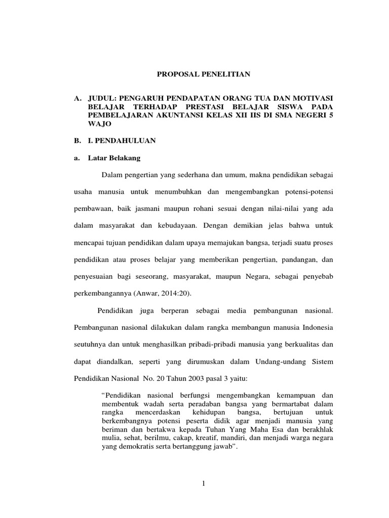 Proposal Pengaruh Motivasi Belajar Dan Pendapatan Orang Tua Terhadap Prestasi Belajar | PDF ...