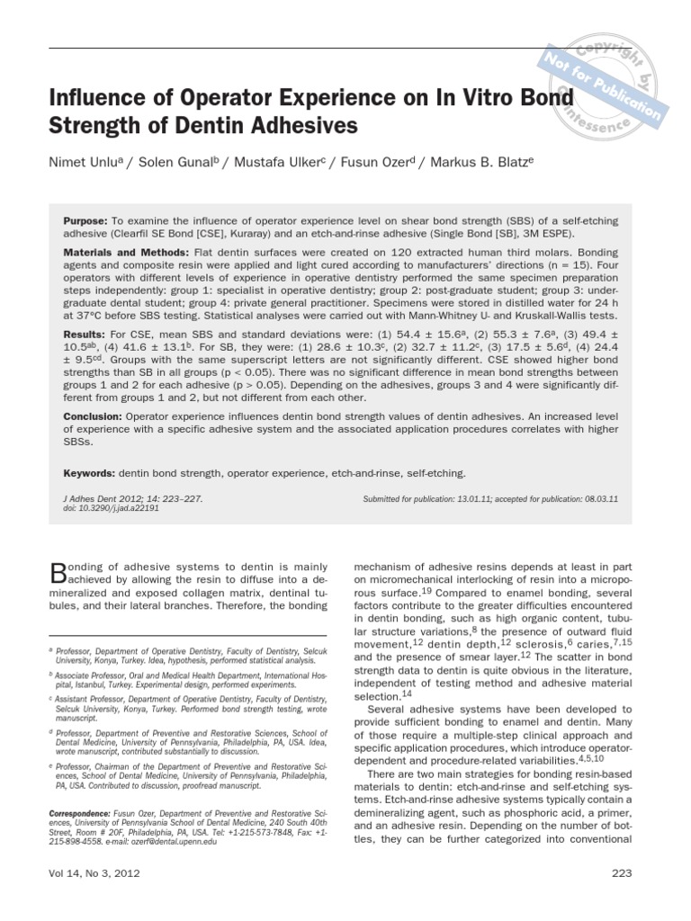 Influence of Operator Experience On in Vitro Bond Strength of Dentin ...