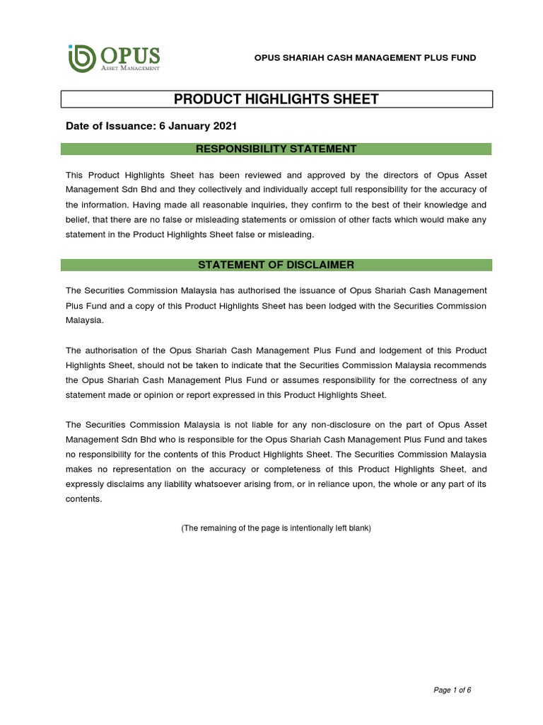 Product Highlights Sheets - Cash Fund | PDF