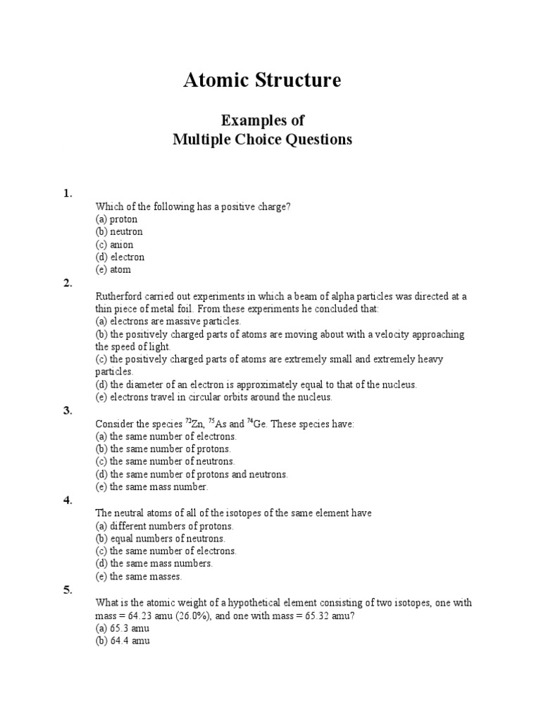 Atomic Structure MCQs with Answers | PDF | Energy Level | Atoms