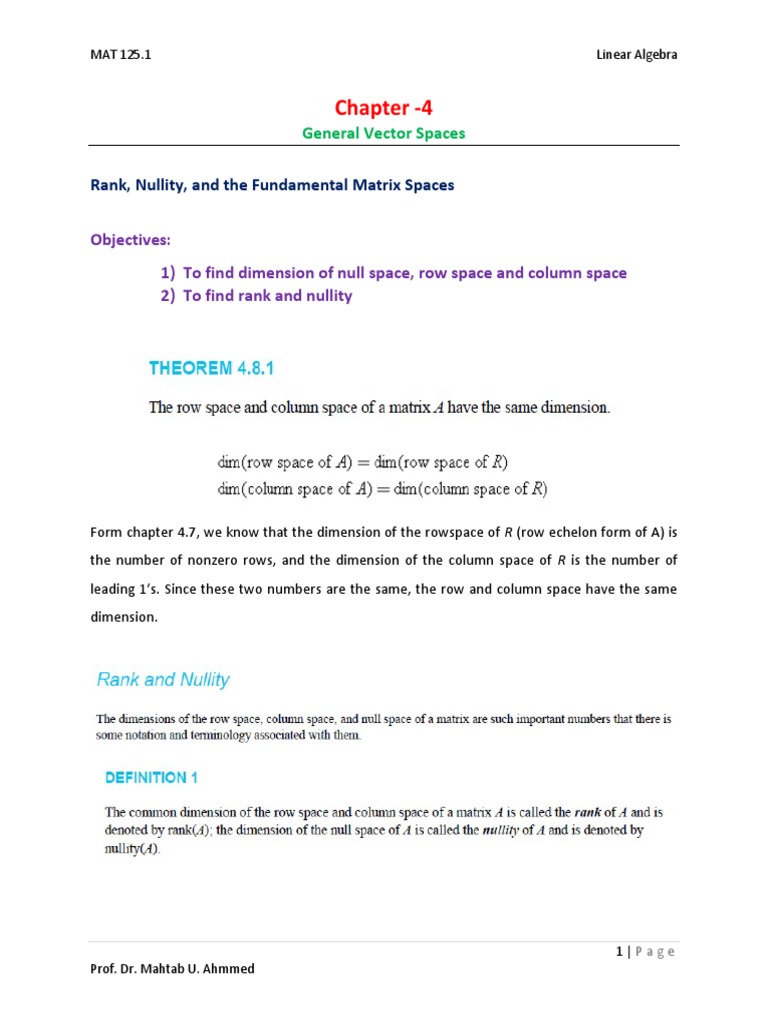 Chapter - 4: Rank, Nullity, and The Fundamental Matrix Spaces | PDF