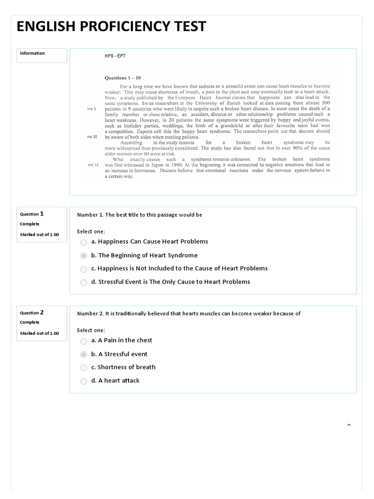 English Proficiency Test: Number 1. The Best Tle To This Passage Would ...