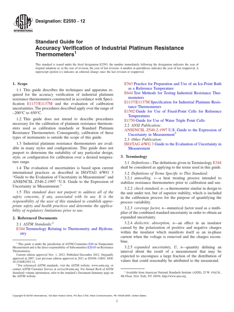 ASTM E2593. Platinum Resistance Thermometers | PDF | Thermometer ...