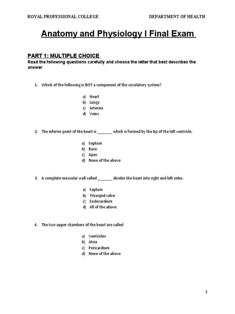 Anatomy and Physiology I Final Exam: Part 1: Multiple Choice | PDF ...