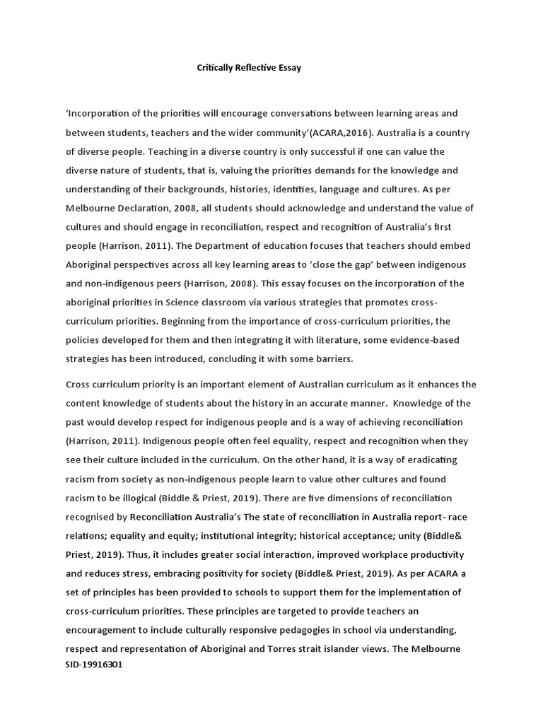 Critically Reflective Essay | PDF | Indigenous Australians | Teachers