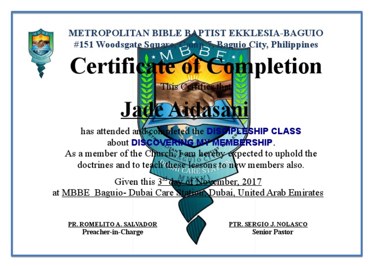 A Certificate of Completion for Discipleship Training on Discovering ...