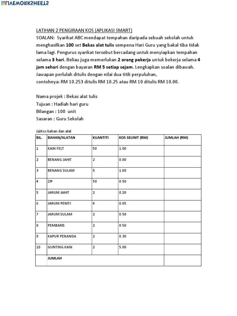 RBT f3 Latihan Anggaran Kos | PDF