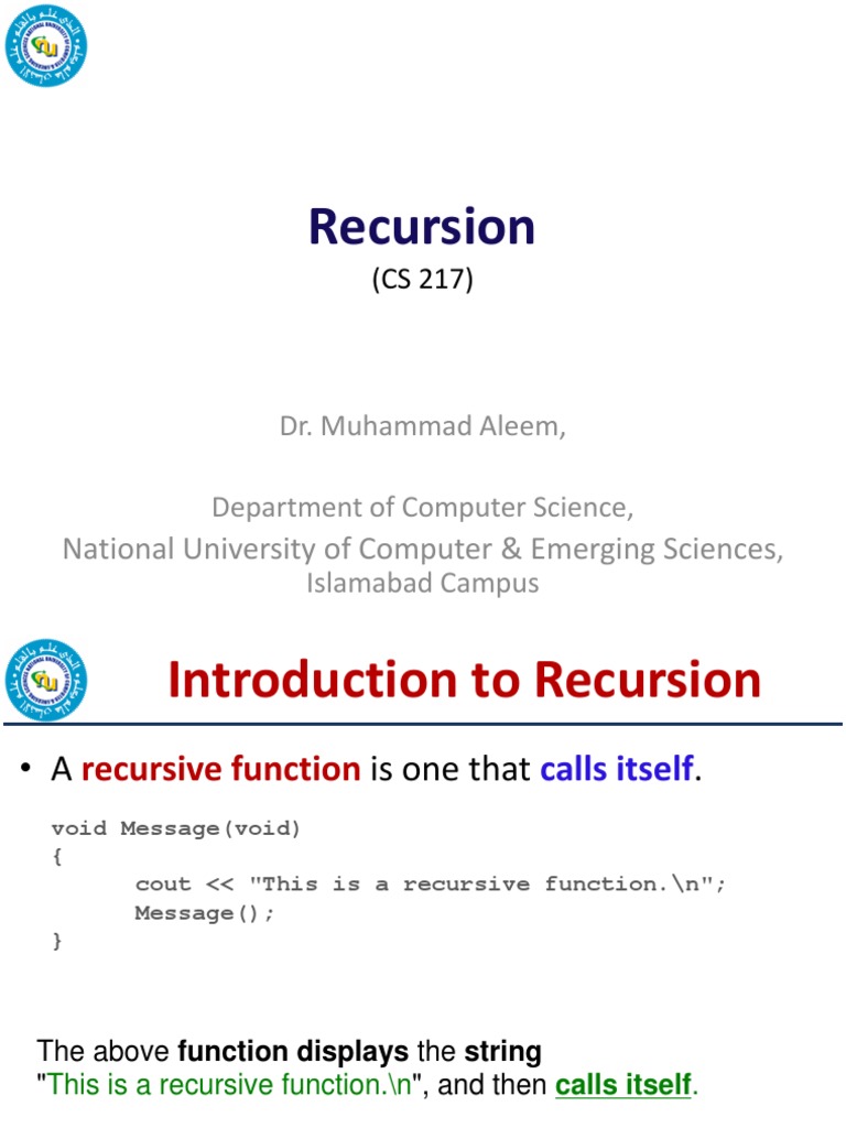 Recursion: National University of Computer & Emerging Sciences | PDF | Recursion | Subroutine