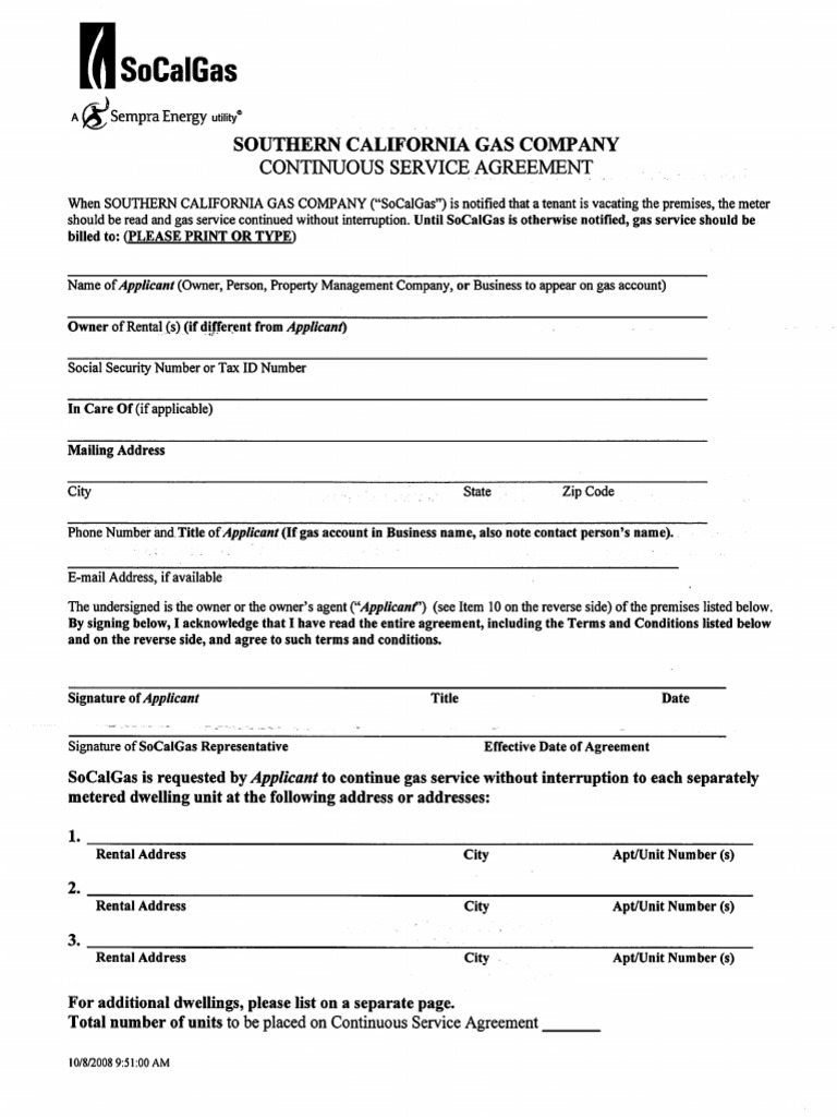SoCalGas Continuous Service Agreement FORM | PDF