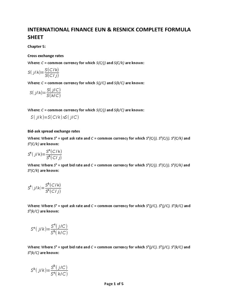 International Finance Eun & Resnick Complete Formula Sheet: S (J/K) S ...