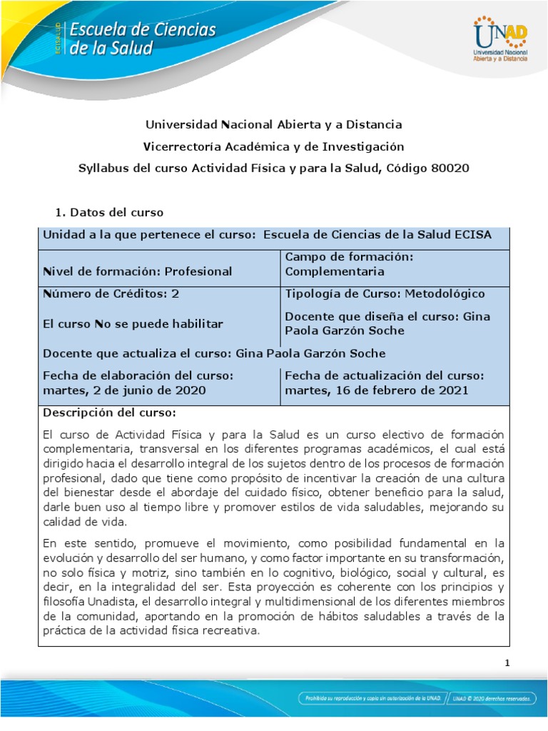 Syllabus Del Curso Actividad Física y para La Salud | PDF | Evaluación ...