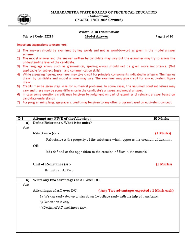 2018 Winter Model Answer Paper PDF | PDF | Electric Motor | Electromagnetic Induction