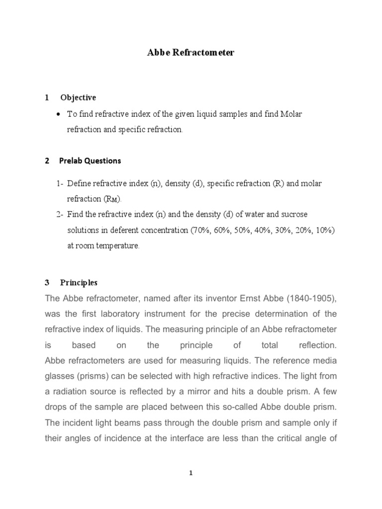 Abbe Refractometer: 1 Objective | PDF | Refractive Index | Reflection ...
