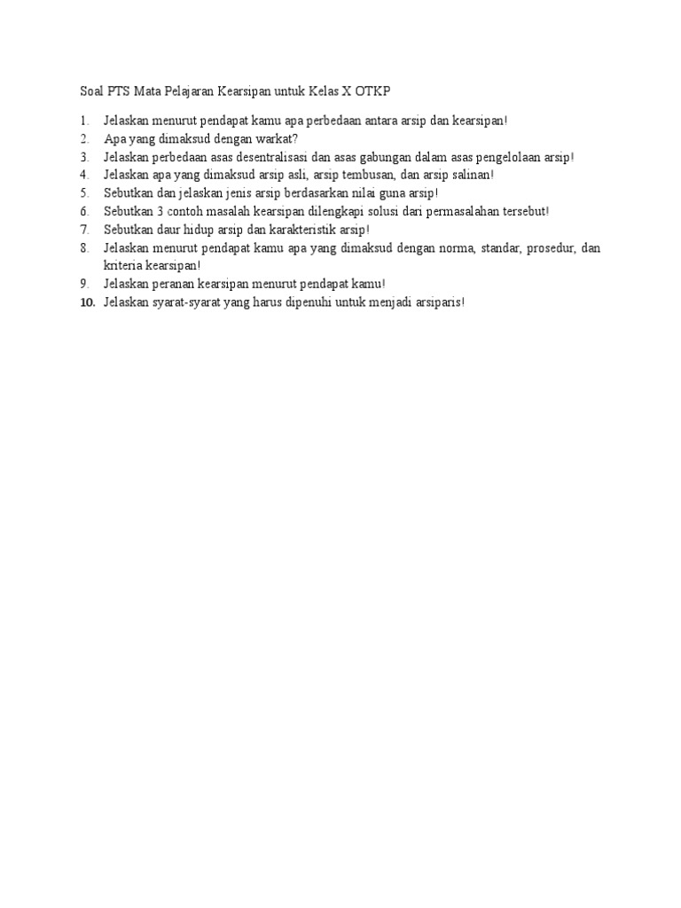 Soal PTS Kearsipan Kelas X OTKP | PDF | Kajian Bahasa Asing