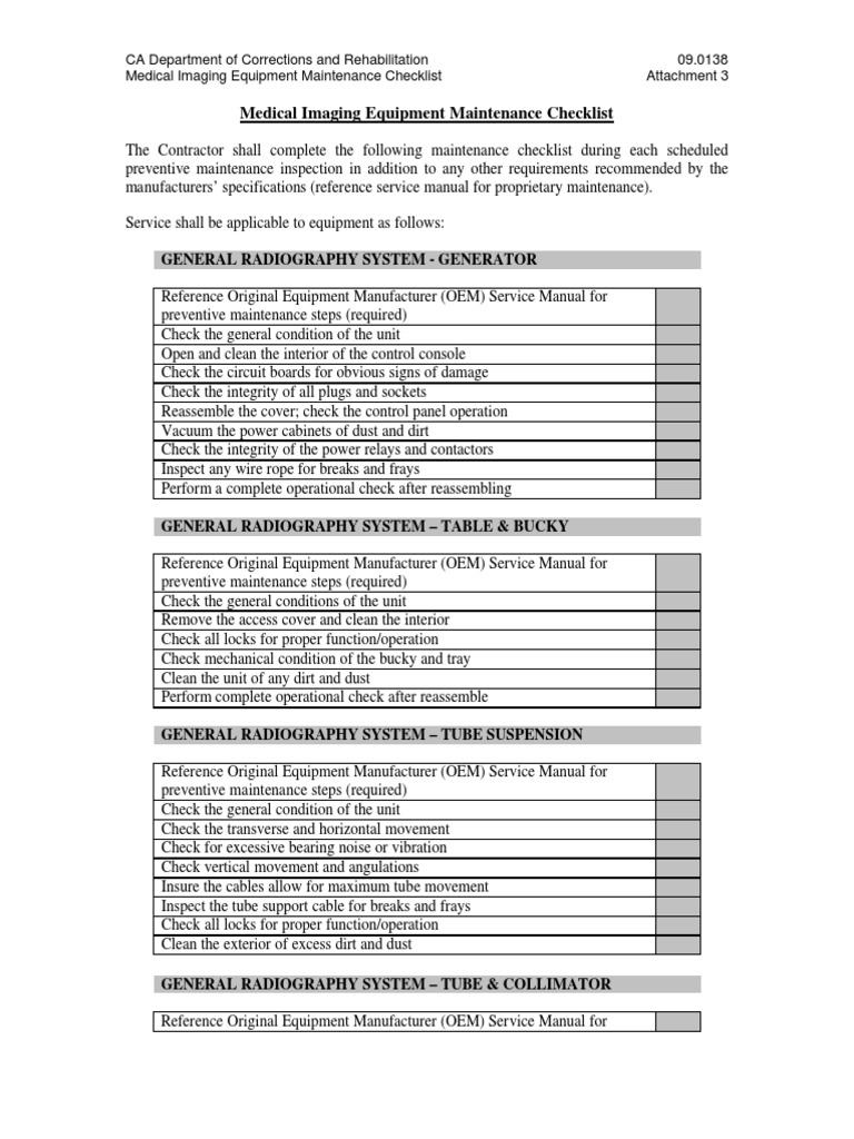 Medical Imaging Equipment Maintenance Checklist Compress | PDF ...