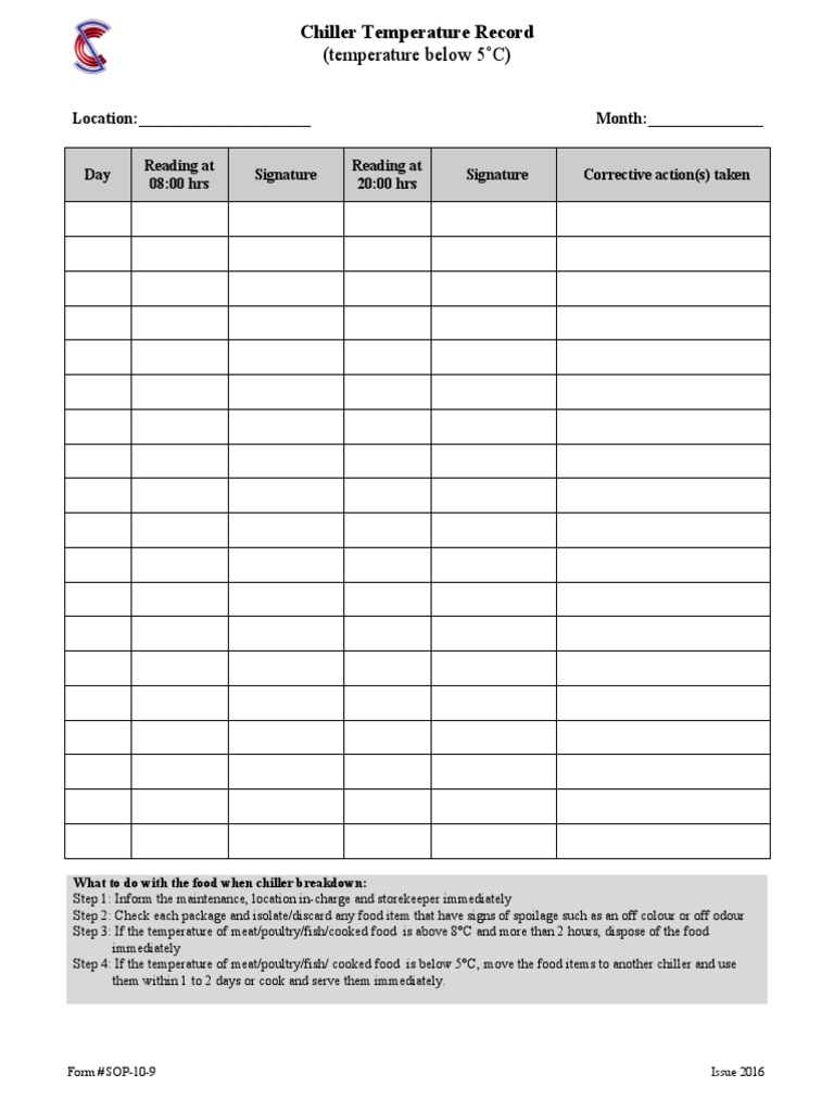 Form # SOP-10-9 Chiller Temperature Record | PDF