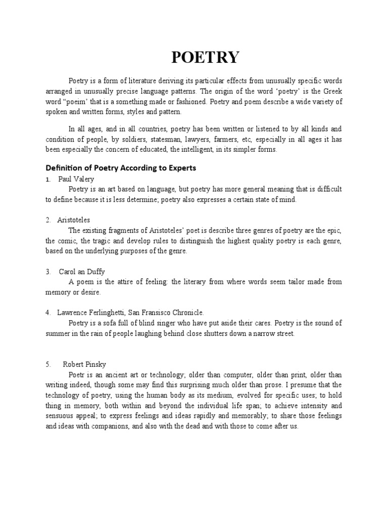 Poetry: Definition of Poetry According To Experts | PDF | Genre | Poetry