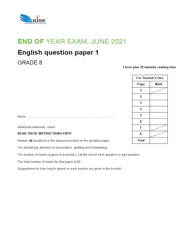 Gr8 - English Paper 1 - Question | PDF | Writers | Writing