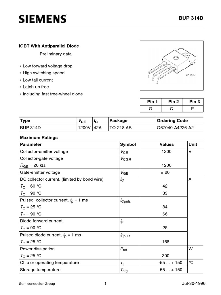 IGBT With Antiparallel Diode: BUP 314D | PDF | Diode | Electrical ...